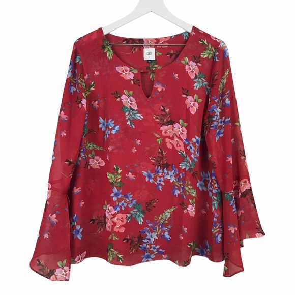 CAbi | Tops | Cabi 359 Devoted Red Floral Bell Sleeve Blouse | Poshmark